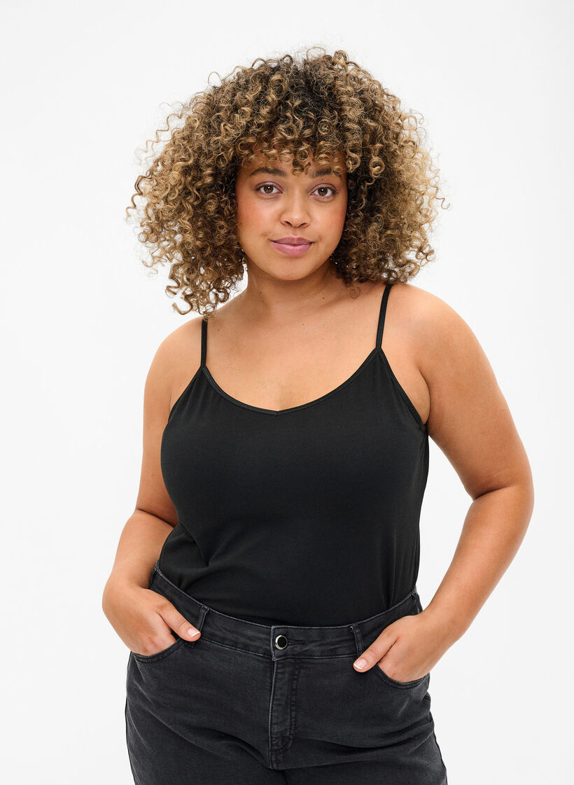 Basic cotton spaghetti strap top - Black - Sz. XL - Zizzifashion