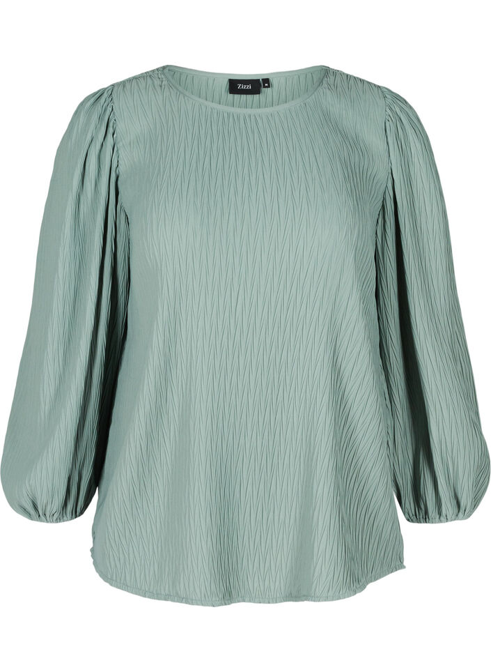 Textured blouse with puff sleeves - Green - Sz. 42-60 - Zizzifashion