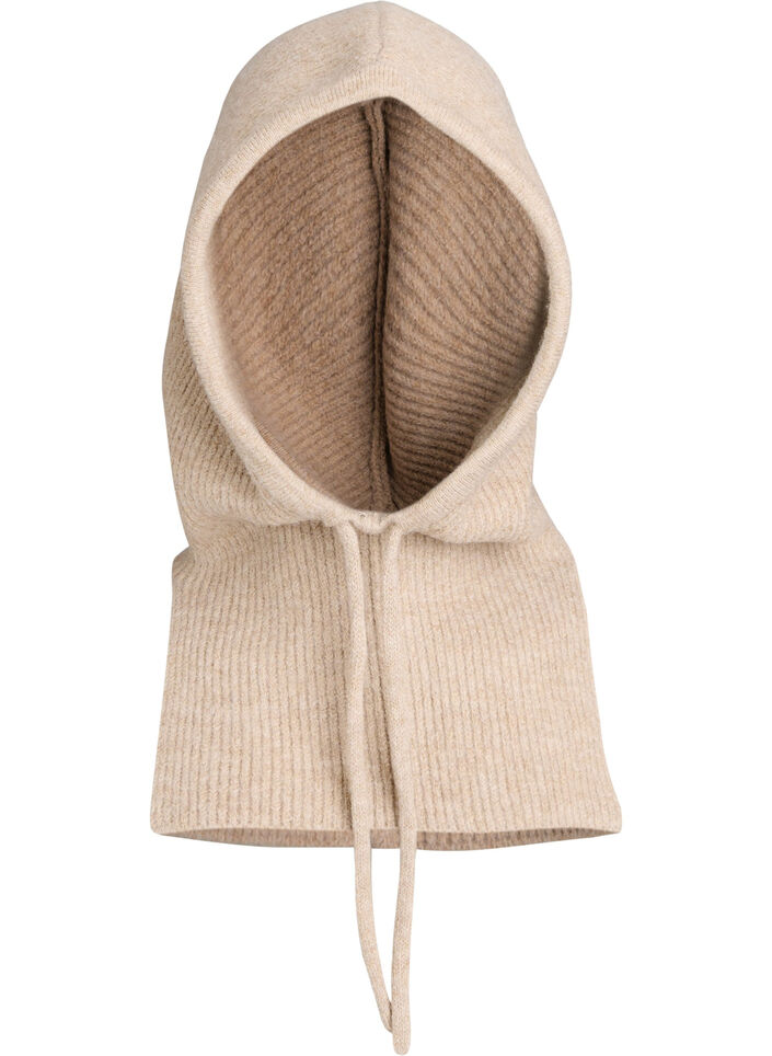 Knitted balaclava with drawstrings - Beige - Sz. One Size - Zizzifashion