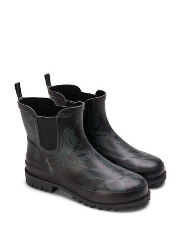 Short wide fit rubber boots with print - Black - Zizzifashion