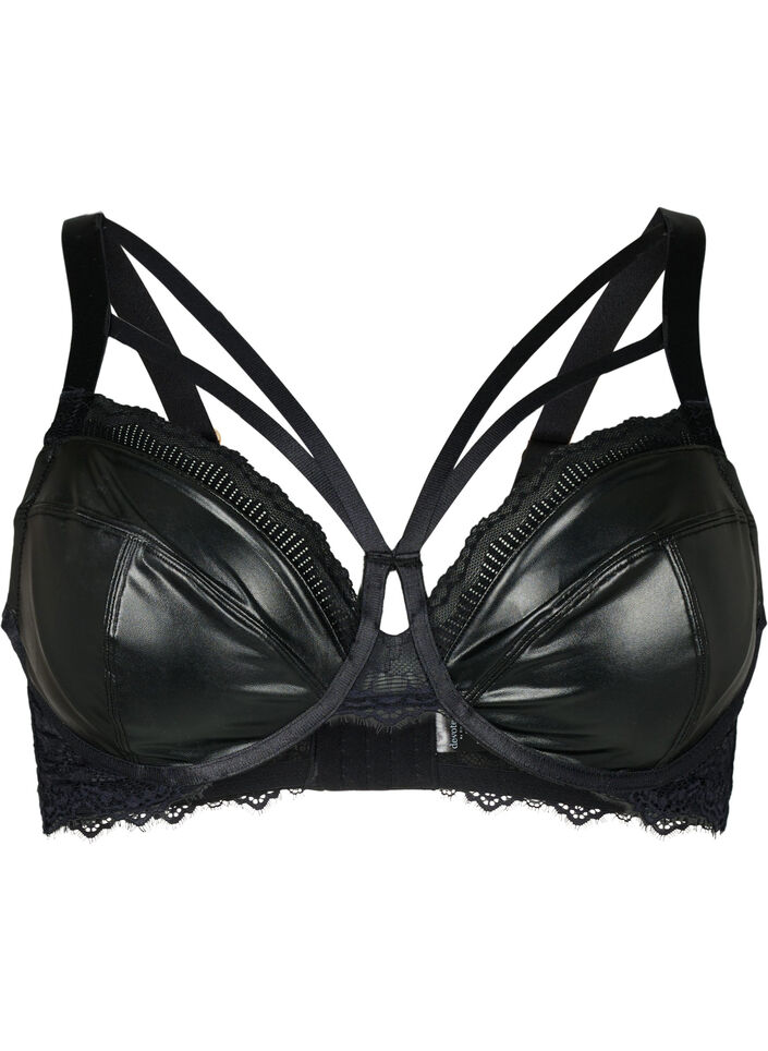 Coated underwire bra with strings - Black - Sz. 85E-115H - Zizzifashion