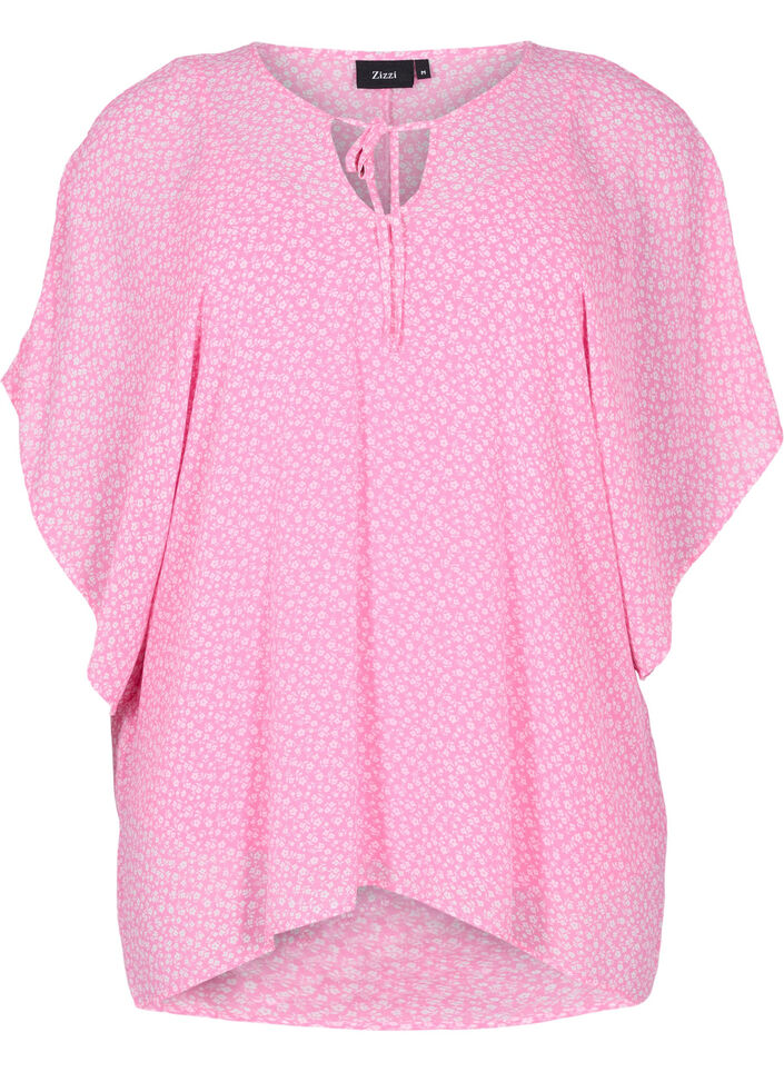 Printed blouse with tie strings and short sleeves - Pink - Sz. 40-64 ...