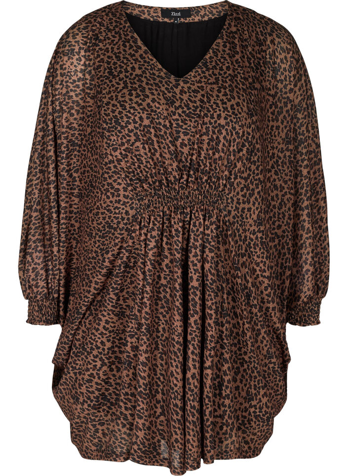 Leopard print tunic with smocking - Brown - Sz. 40-64 - Zizzifashion