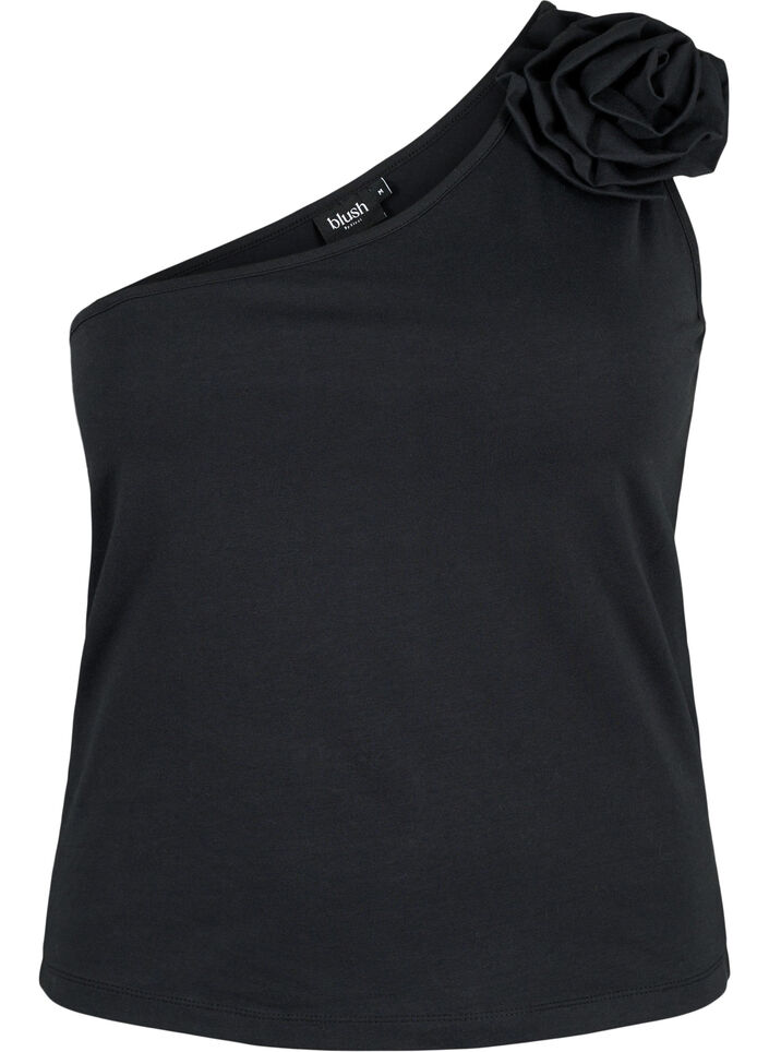 One-shoulder top with rose - Black - Sz. 42-60 - Zizzifashion