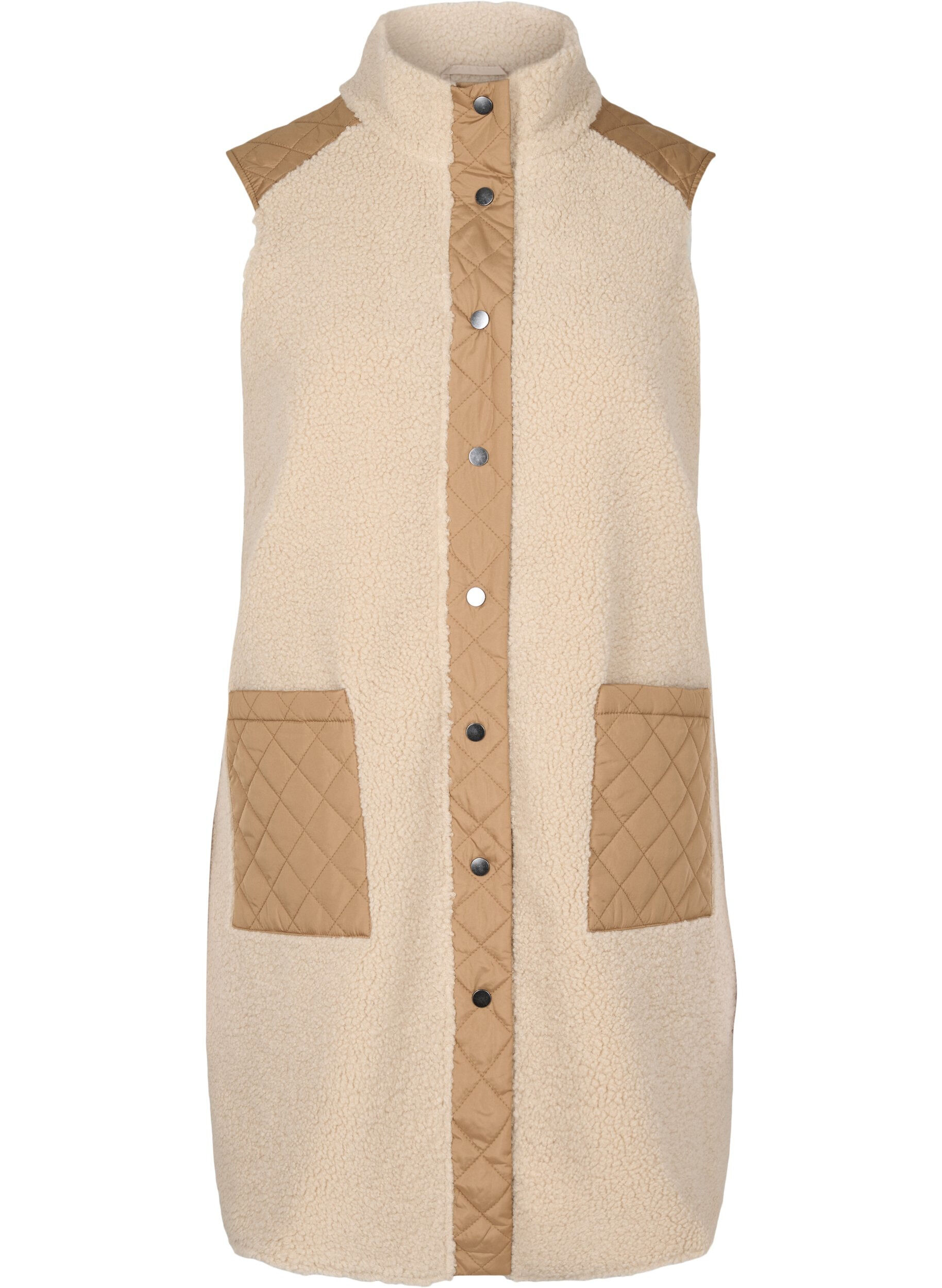Long teddy vest with buttons and pockets - Beige - Sz. 42-60 - Zizzifashion