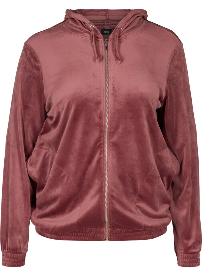 Velour cardigan with zip and hood - Rose - Sz. 42-64 - Zizzifashion