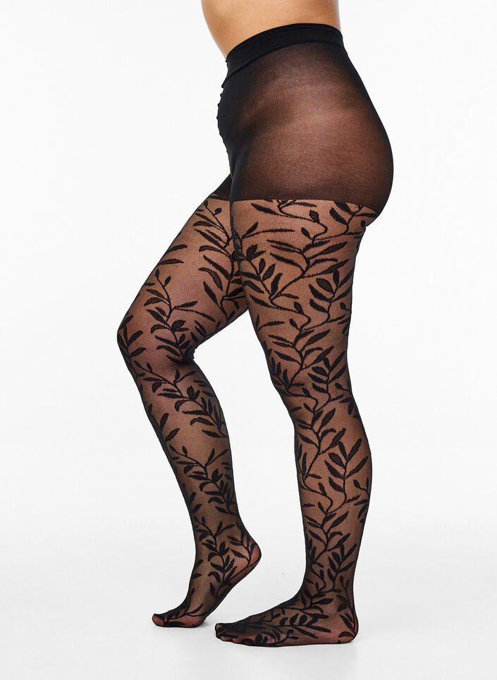 25 denier tights with leaf pattern - Black - Zizzifashion