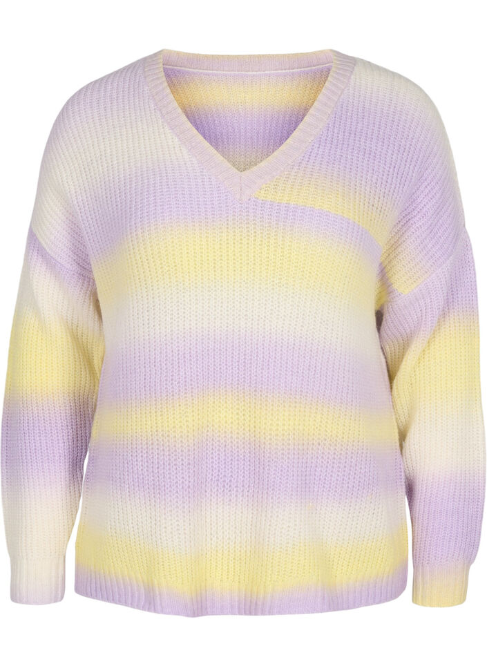 Knitted jumper with v-neckline - Purple - Sz. 42-60 - Zizzifashion