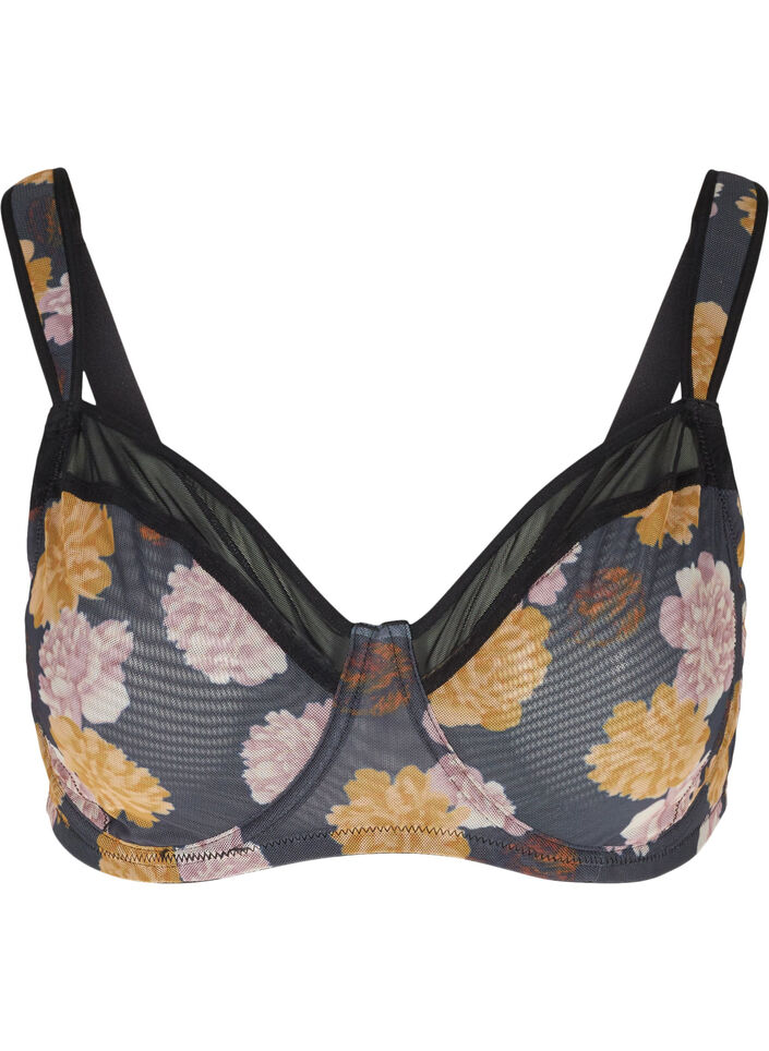 Bra with print and mesh - Blue - Sz. 85E-115H - Zizzifashion