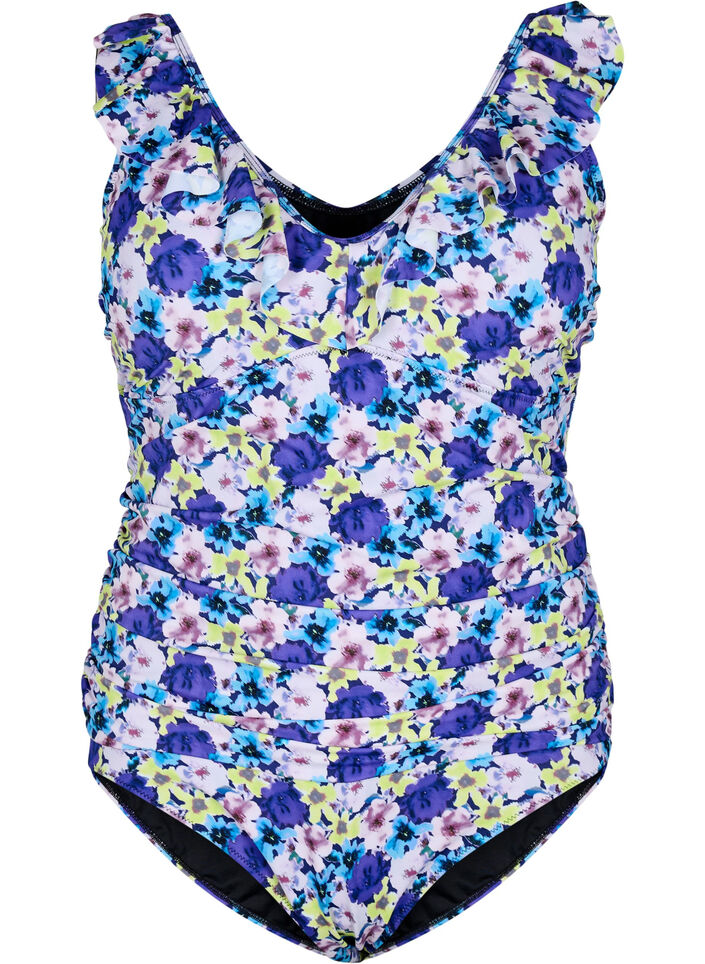Floral swimsuit with ruffles and removable pads - Purple - Sz. 40-64 ...